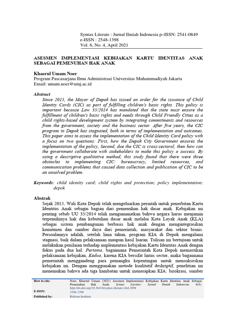 Asesmen Implementasi Kebijakan Kartu Identitas Anak Pdf