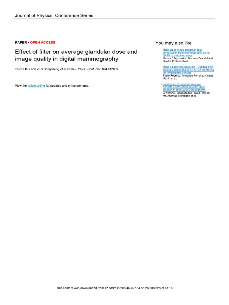 Effect of Filter On Average Glandular Dose and Image Quality in Digital Mammography | PDF ...