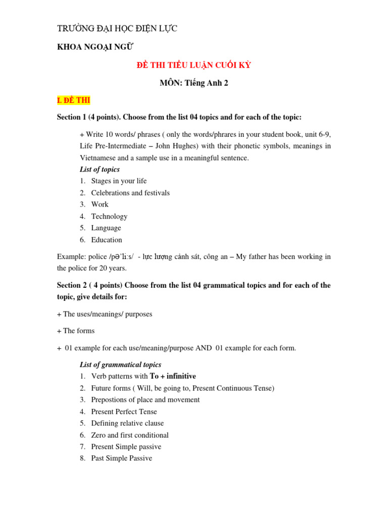 ĐỀ TIEU LUAN ANH 2 - NĂM HỌC 2020-2021- FINAL | PDF | Perfect (Grammar) | Linguistic Typology