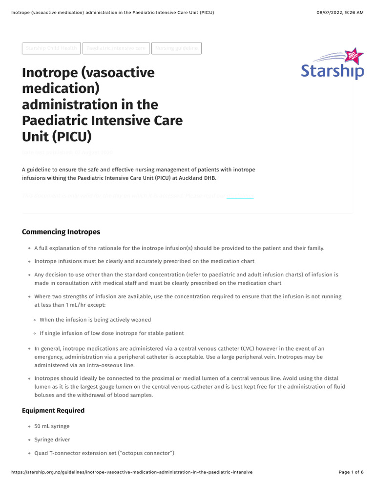 Inotrope (Vasoactive Medication) Administration in The Paediatric Intensive Care Unit (PICU ...