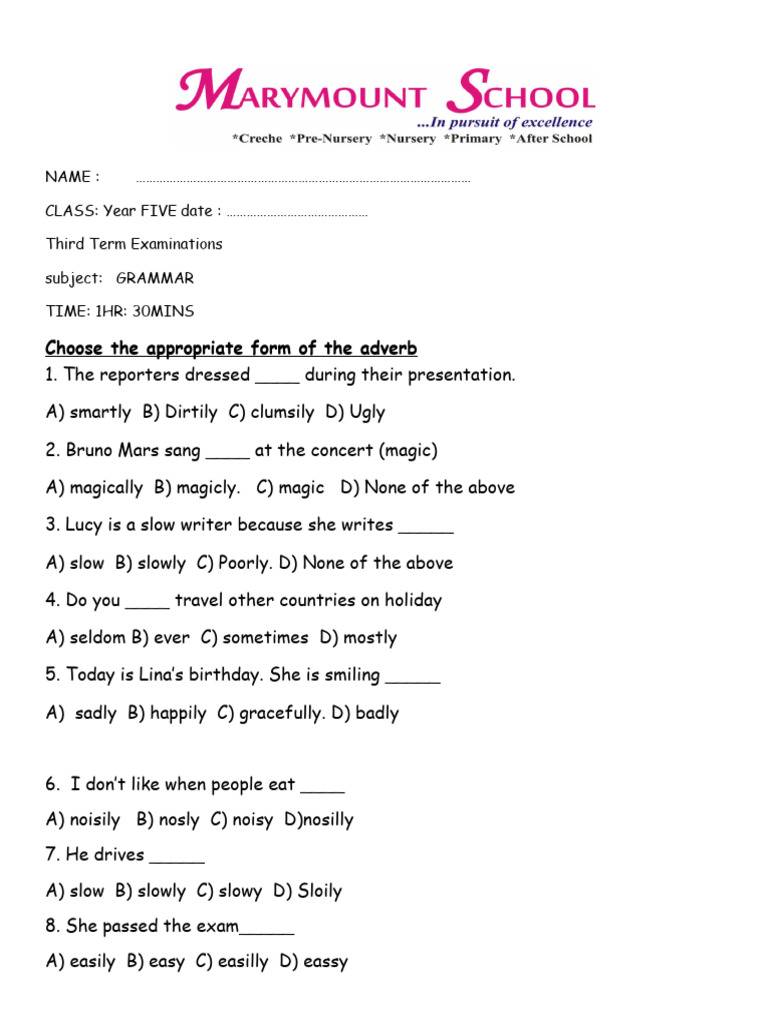 Year Five Grammar Exam Questions | PDF | Adverb | Linguistics