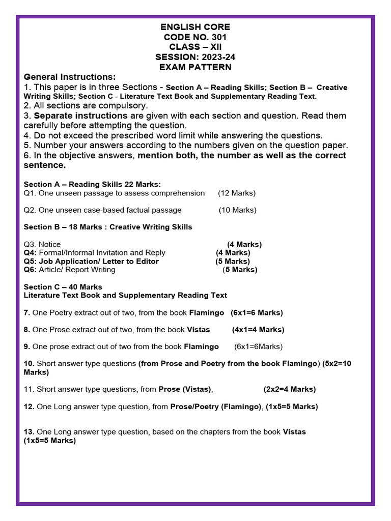 Exam Pattern Class XII English | PDF
