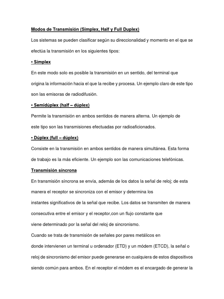 Modos de Transmisión: Simplex y Duplex | PDF | Duplex ...