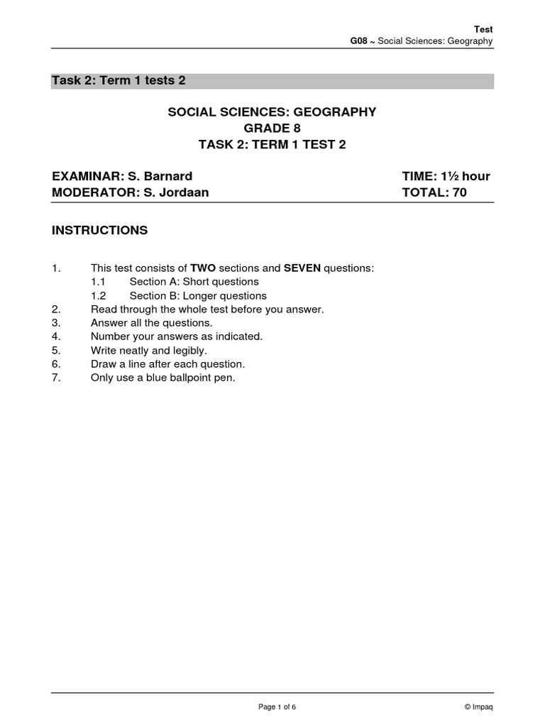 Task 2: Term 1 Tests 2 Social Sciences: Geography Grade 8 Task 2: Term ...