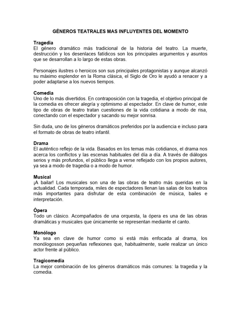7 Géneros Teatrales Mas Influyentes Del Momento | PDF