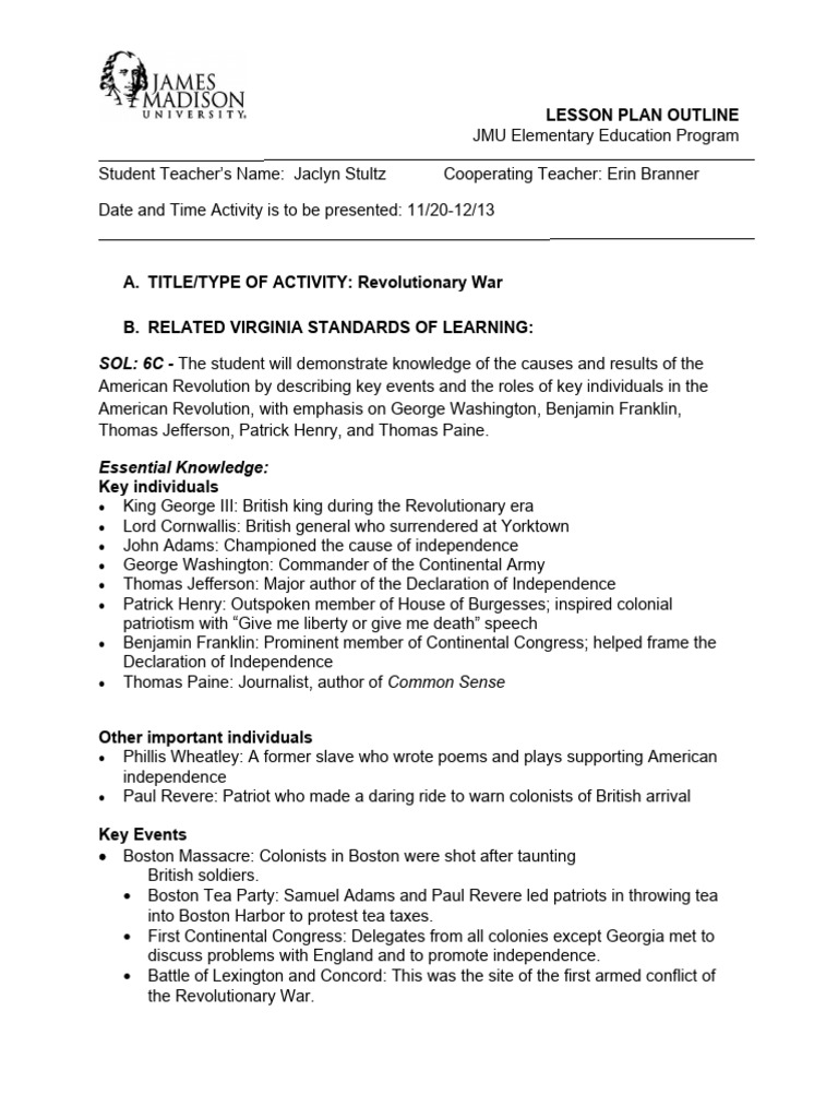 Revolutionary War Lesson Plan 4 | PDF | Continental Congress | American ...