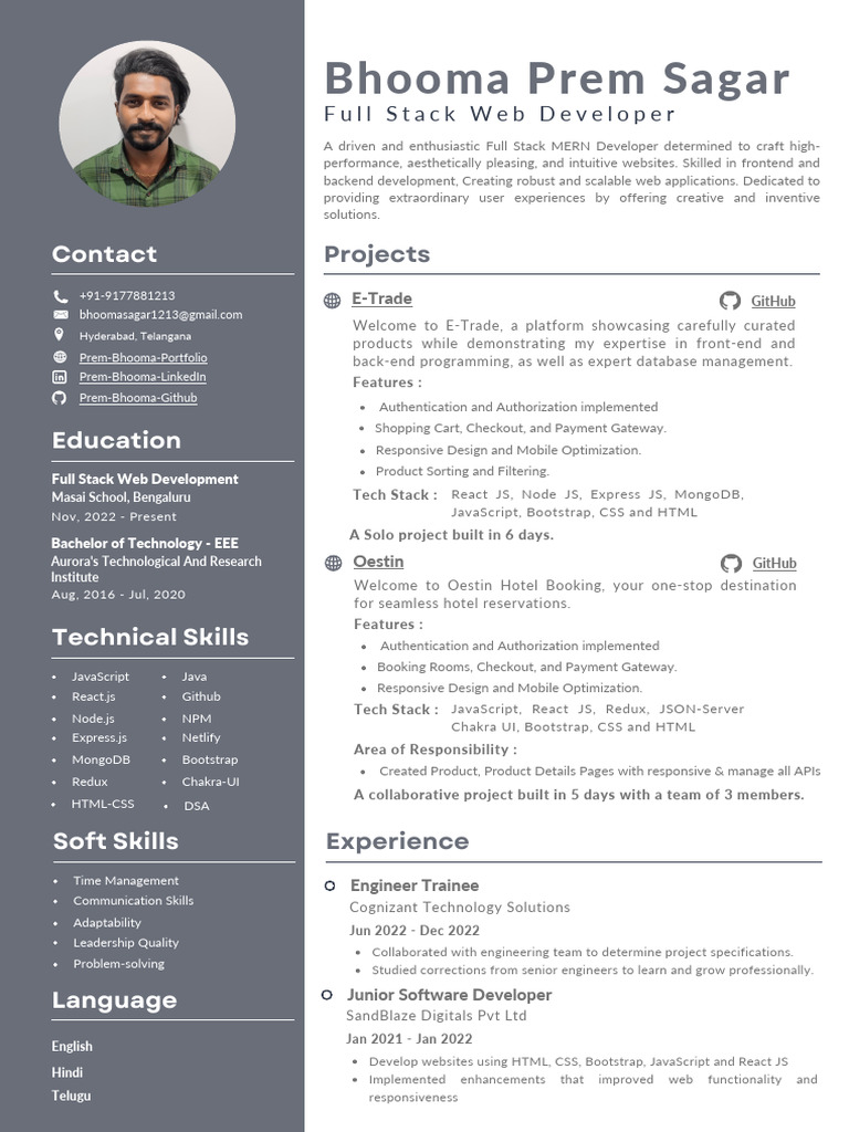 Prem Bhooma Resume | Download Free PDF | Java Script | Bootstrap (Front End Framework)