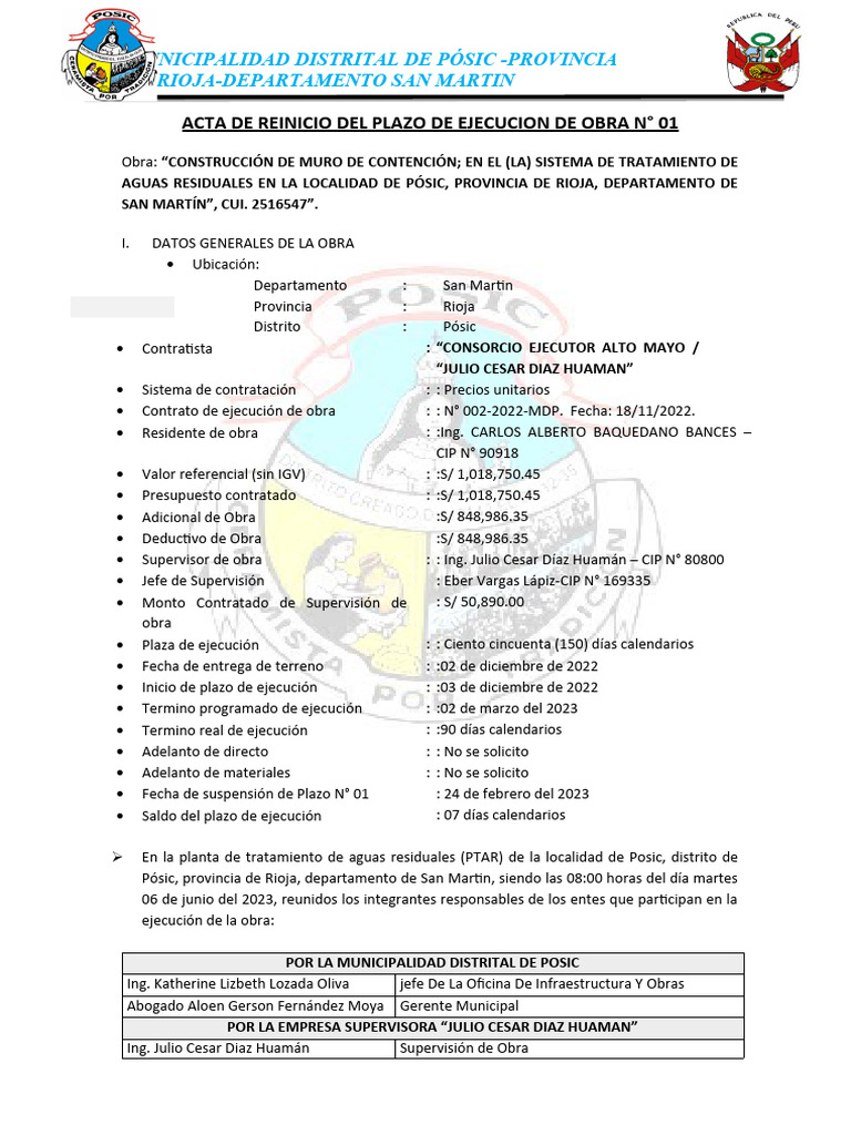 Acta de Reinicio de Ejecucion - Muro | PDF