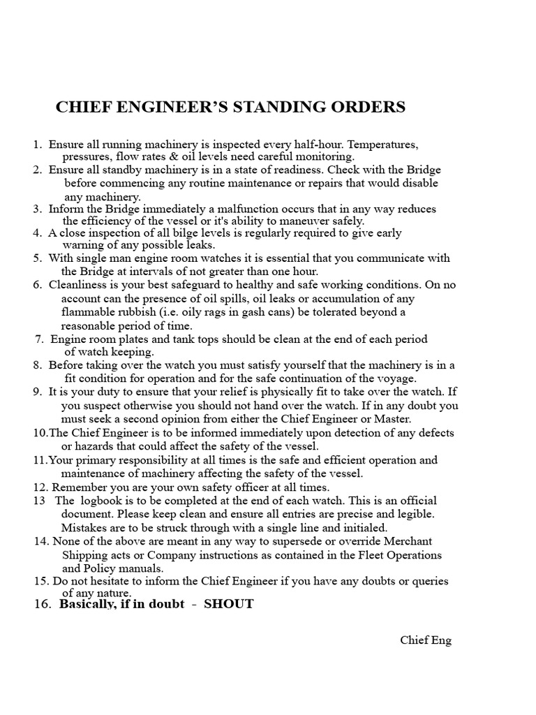 1, Chief Engineer Standing Orders | PDF