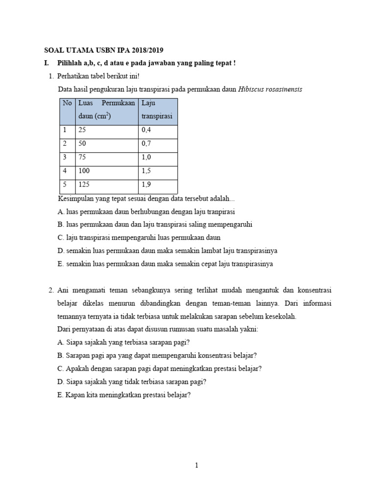Soal Utama Usbn Ipa 2019 Jepara | PDF