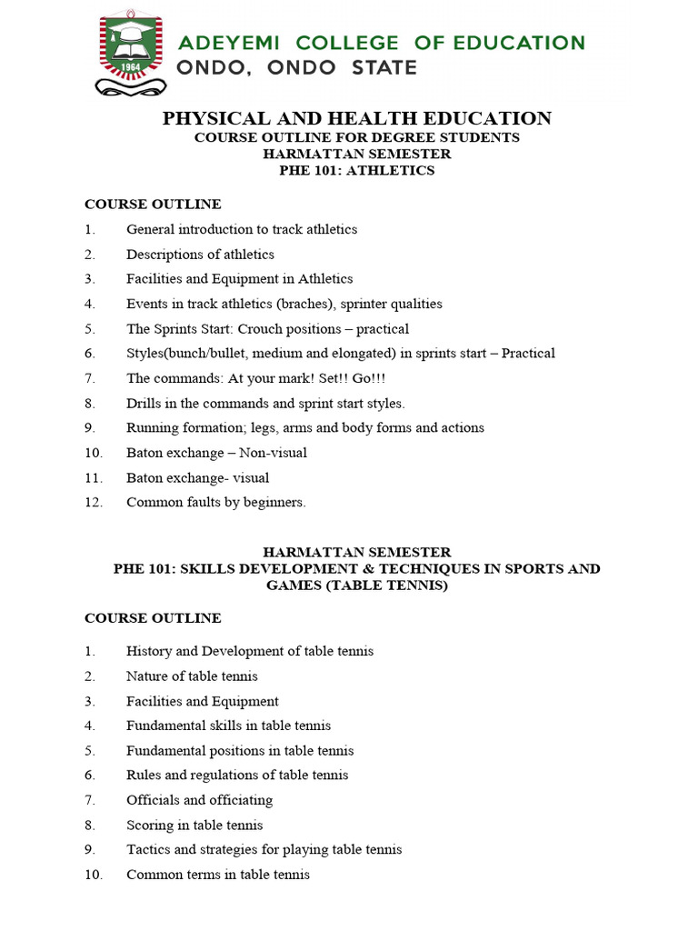 Physical and Health Education: Course Outline For Degree Students ...