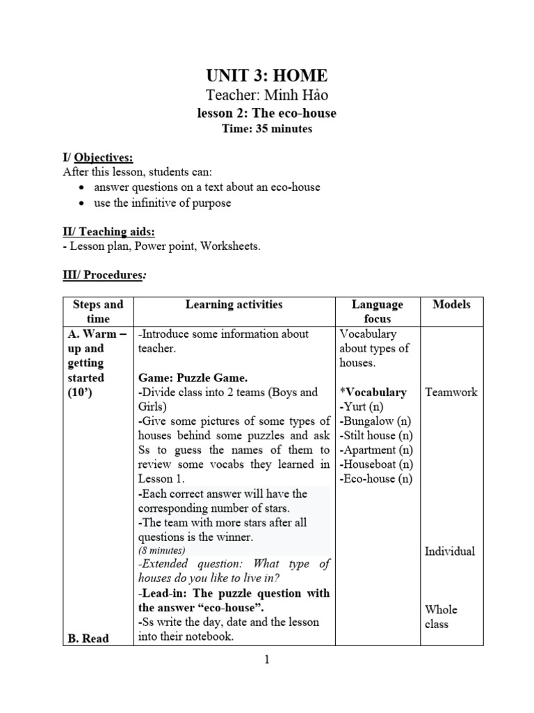 Unit 3 - Lesson 2 The Eco-House - Word | PDF | Vocabulary | Behavior Modification