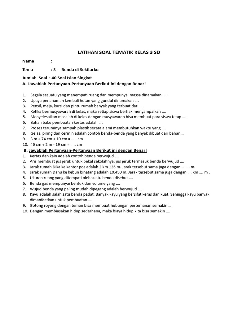 Soal Isian Singkat Kelas 3 SD Tema 3 | PDF