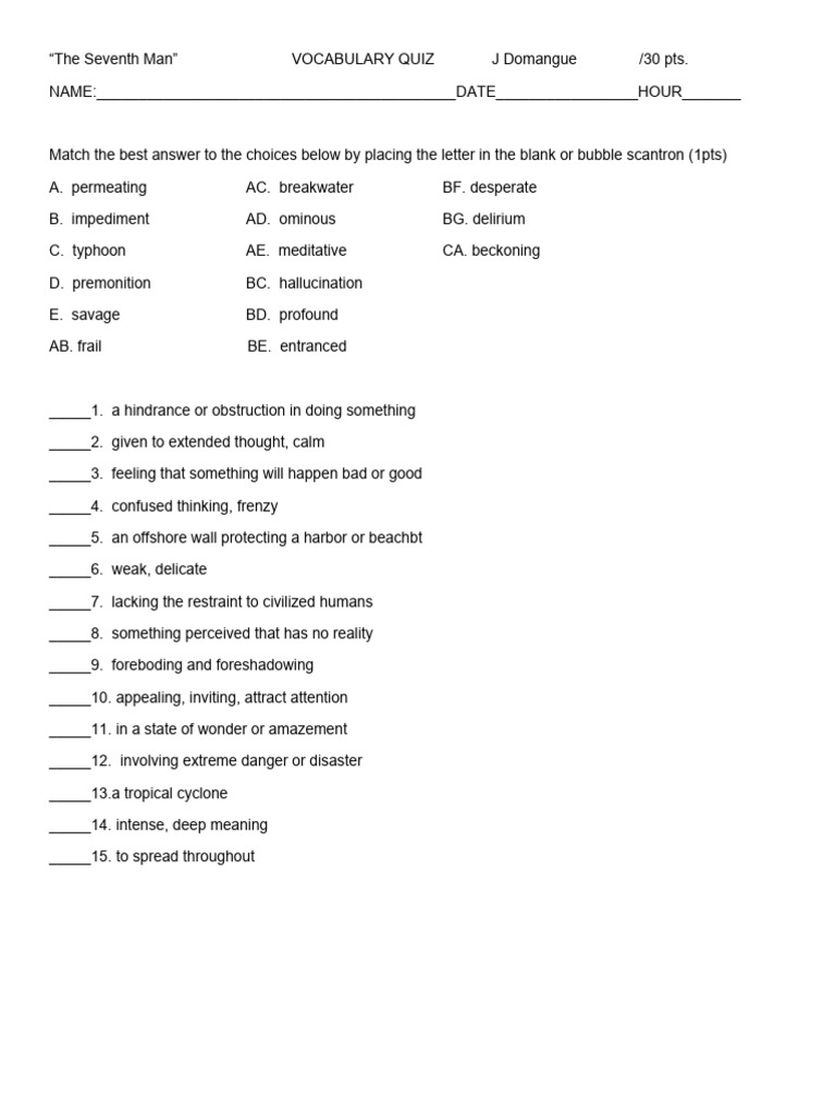 "The Seventh Man" Vocabulary Quiz | PDF | Tropical Cyclones