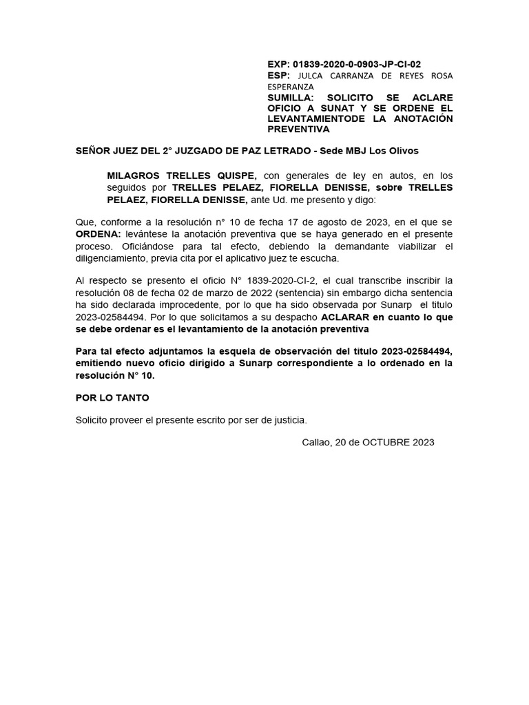 Solicito Se Aclare Oficio a Sunarp | PDF