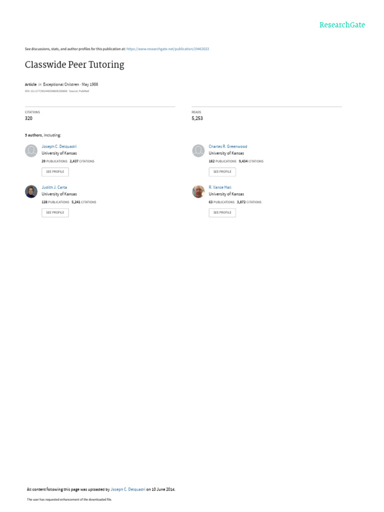 Classwide Peer Tutoring: Exceptional Children May 1986 | PDF