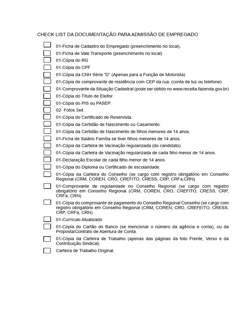 Check List - Documentos Admissionais Novo | PDF