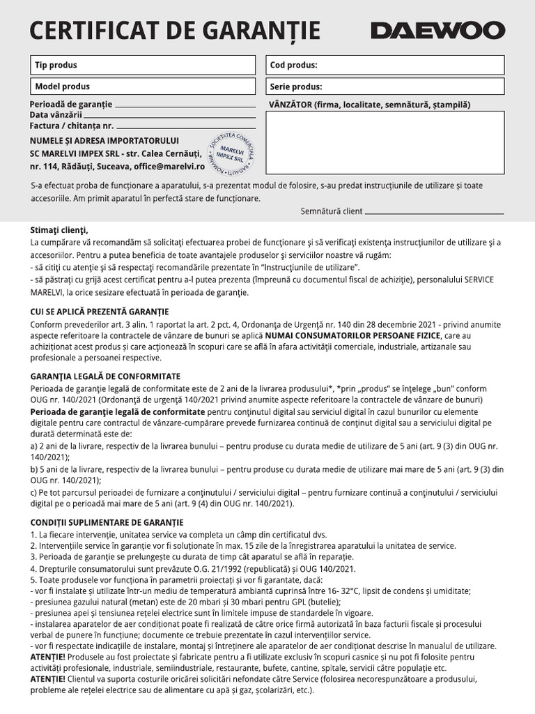Certificat Garantie Daewoo 2023 Print | PDF