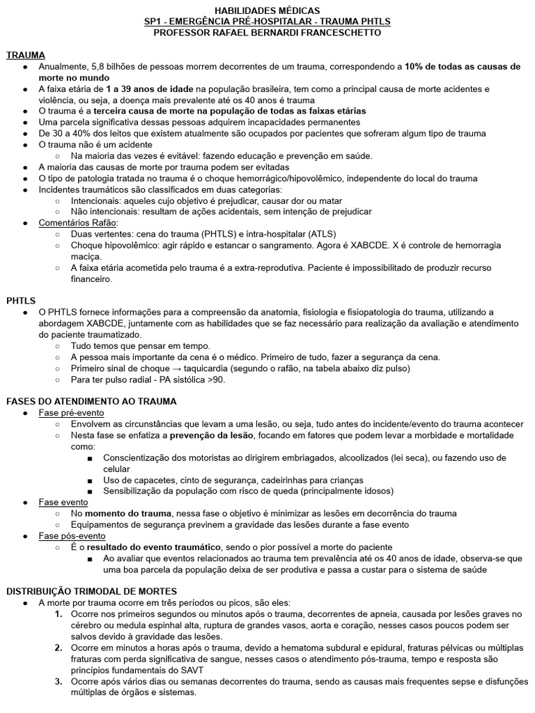 Protocolo PHTLS e Abordagem ao Trauma | PDF | Danos | Transfusão de sangue