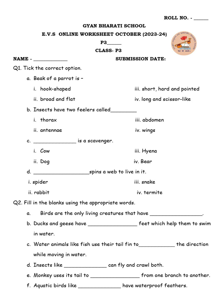 Evs Wrksheet P3 Pdf Birds Organisms