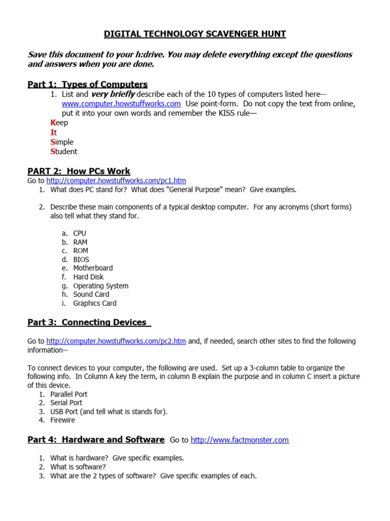 Digital Technology Scavenger Hunt | PDF