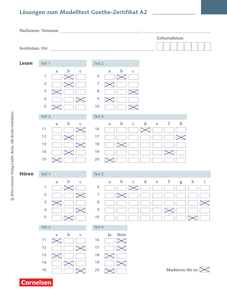 Loesung DaF Panorama Loesungsschluessel Zum Modelltest A2 | PDF