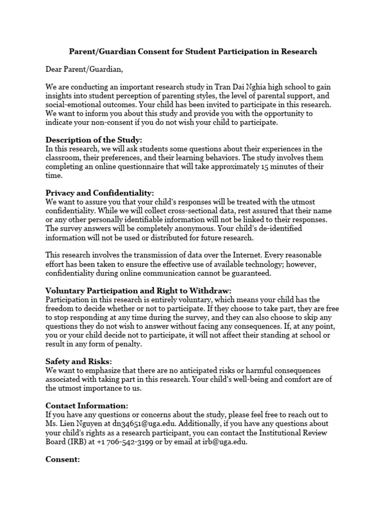 Parent Consent Form | PDF | Survey Methodology | Behavioural Sciences