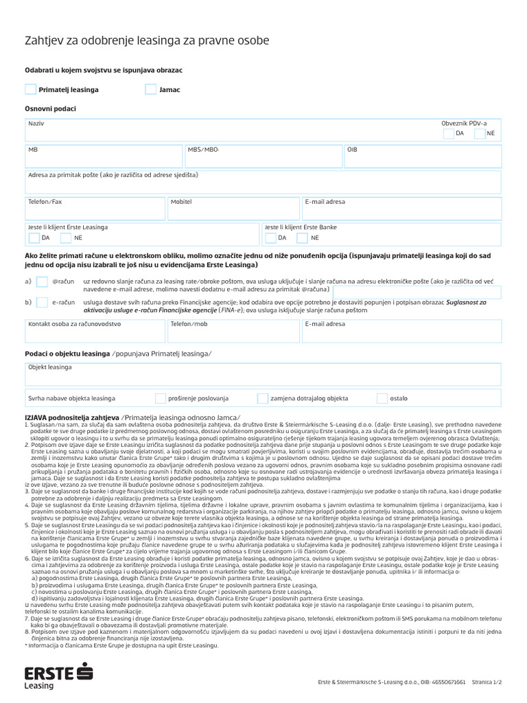 Zahtjev Za Odobrenje Leasinga Za Pravne Osobe | PDF