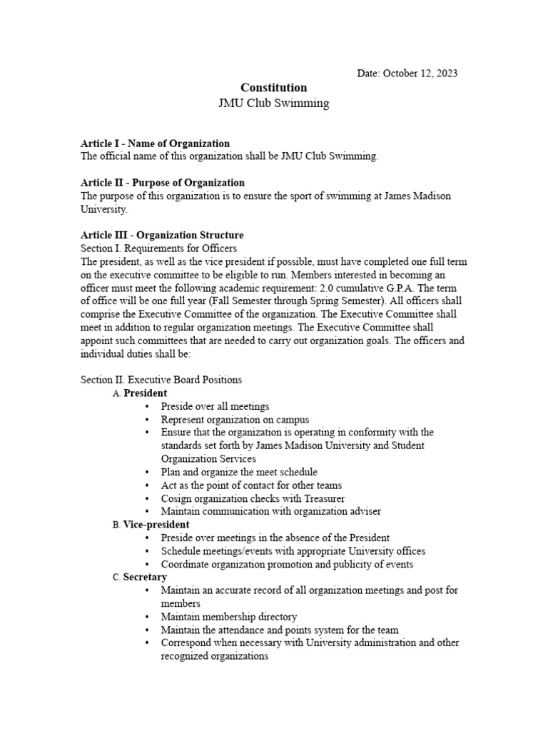 Jmu Club Swimming Constitution 2023-2024 3 | PDF | Presidents Of The ...