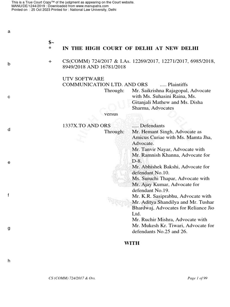 UTV Software Communication Ltd. and Ors. vs. 1337X To and Ors. | PDF