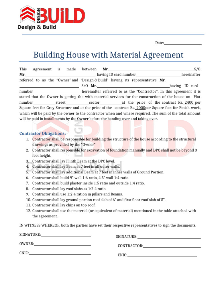 House Construction Agreement Template | PDF | Building Engineering ...