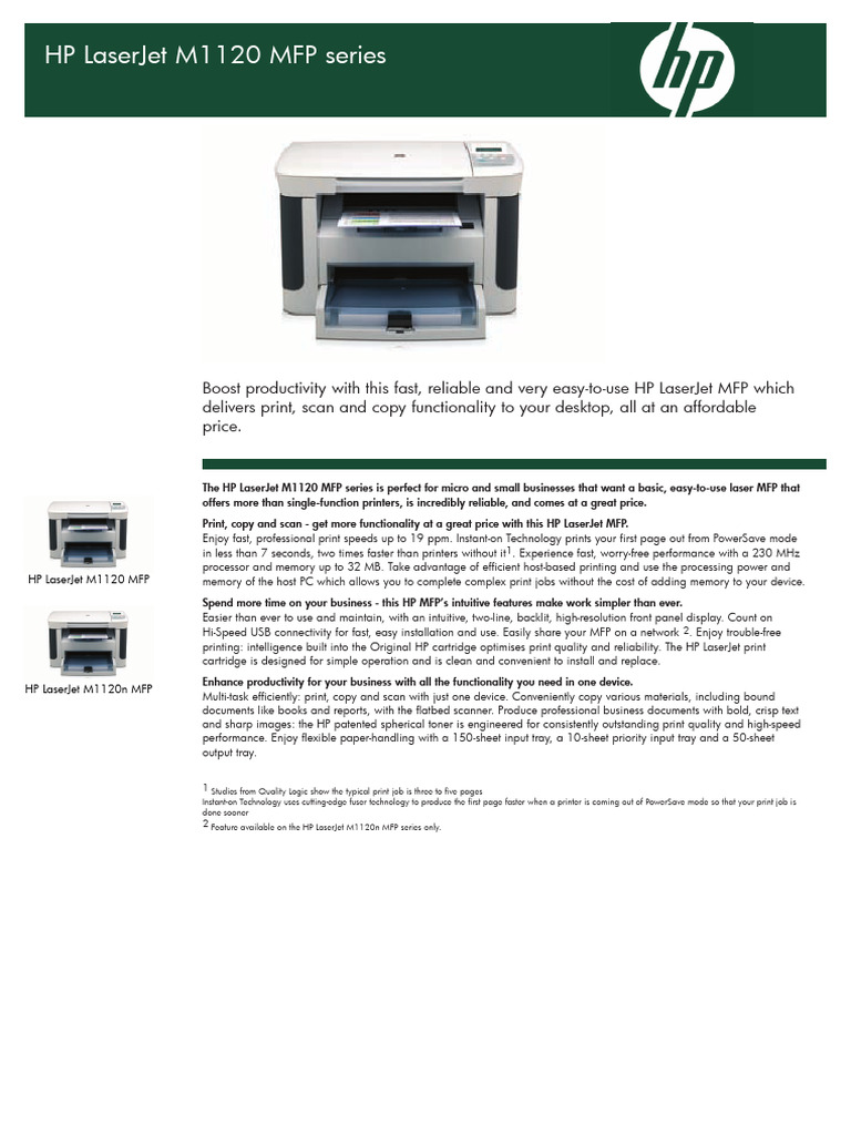 HP LJ m1120 Datasheet | PDF | Printer (Computing) | Image Scanner