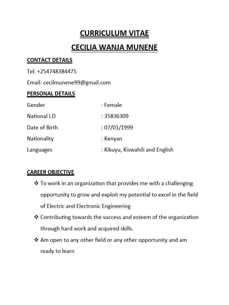 Cecilia Munnene CV | PDF | Kenya | Electrician