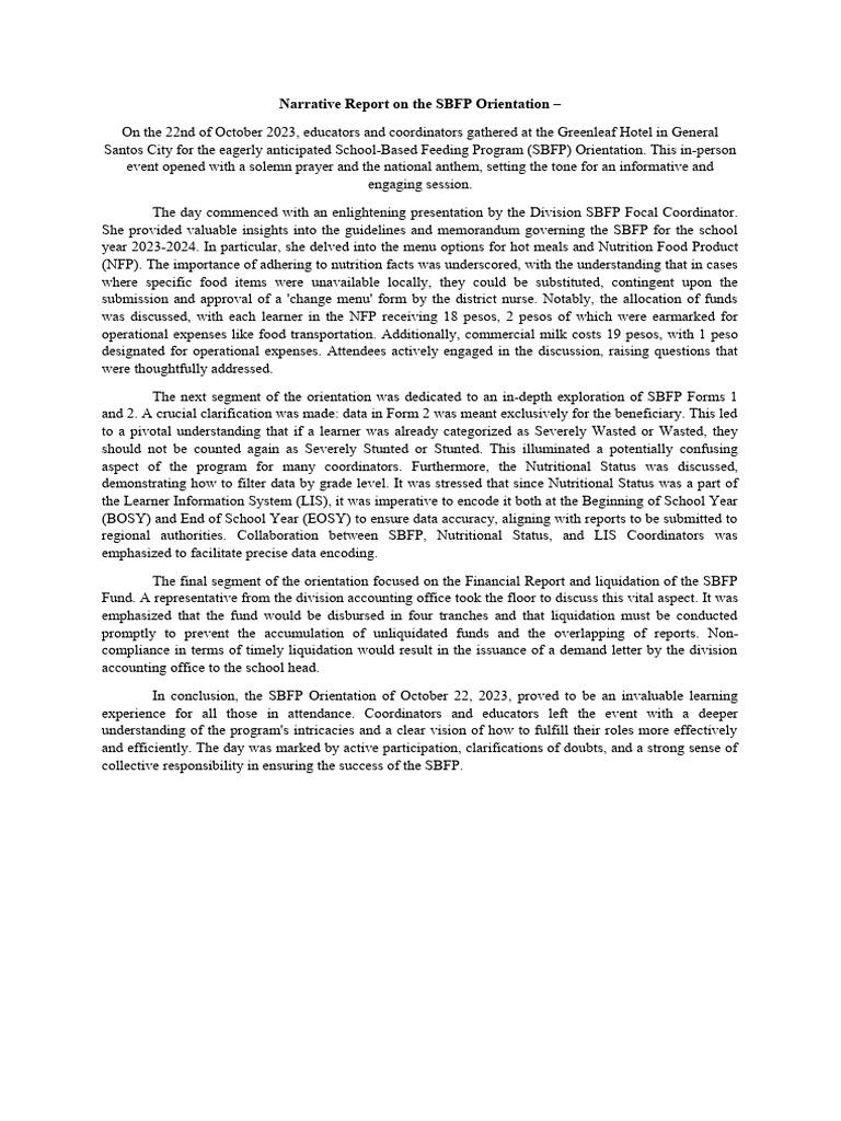 Narrative Report of Orientation of SBFP | PDF