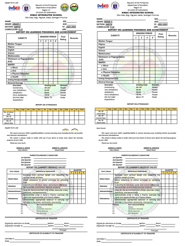 DepEd Form 138 Report Card Overview | PDF