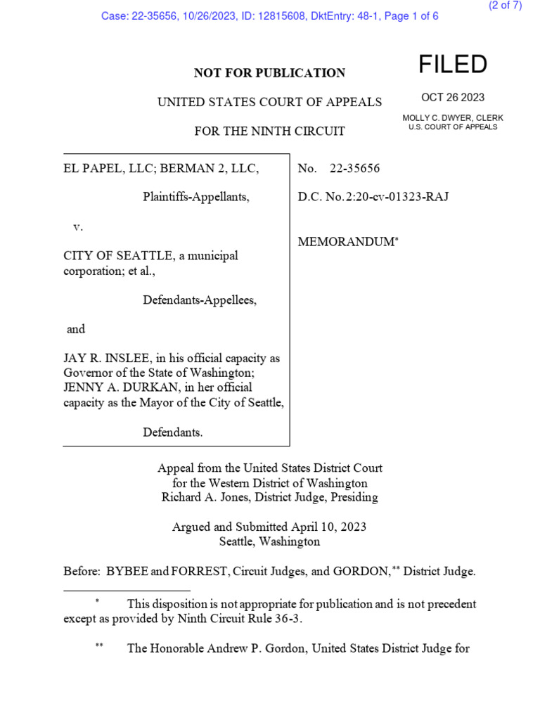 El Papel, LLC v. City of Seattle, No. 22-35656 (9th Cir. Oct. 26, 2023 ...