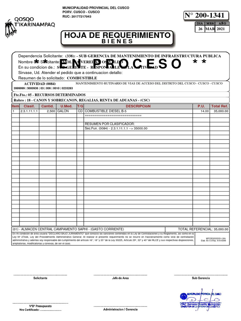 En Proceso : Hoja de Requerimiento | PDF