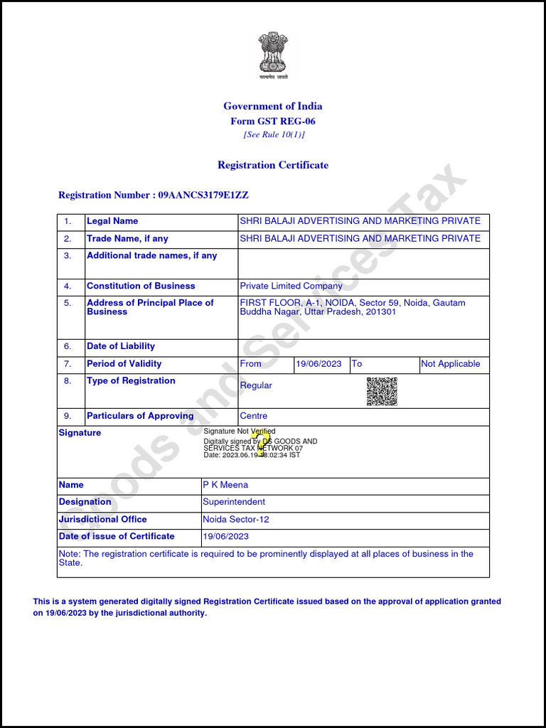 GST Registration Certificate for Shri Balaji | PDF | Government | Business