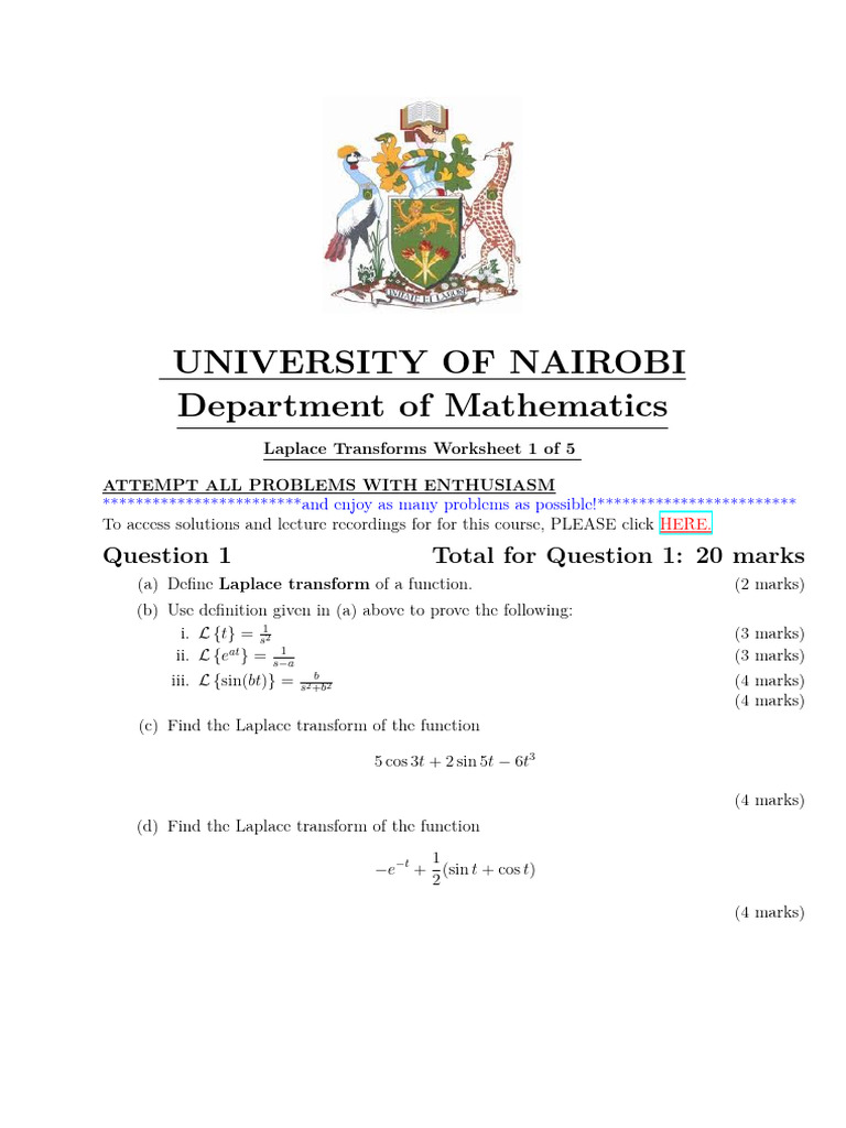 Laplace Transform Worksheet 1 | PDF | Convolution | Applied Mathematics