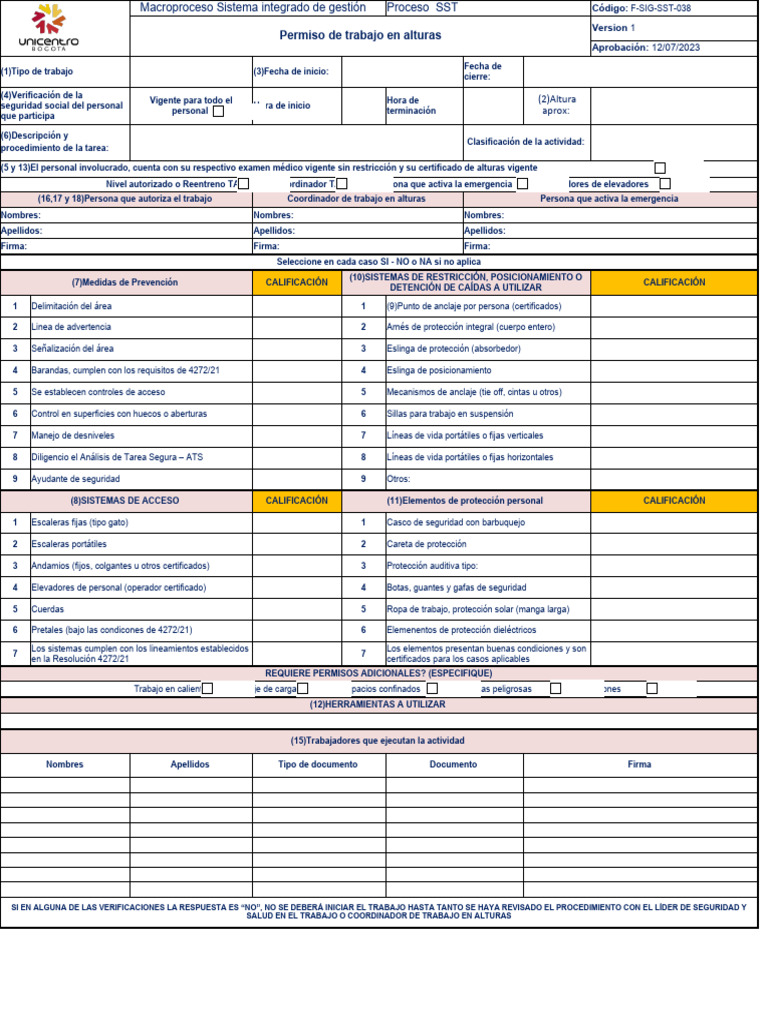 Permiso de Trabajo en Alturas | PDF