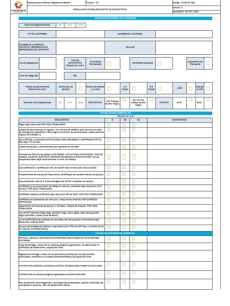Formulario de Requerimientos de Contratistas | PDF