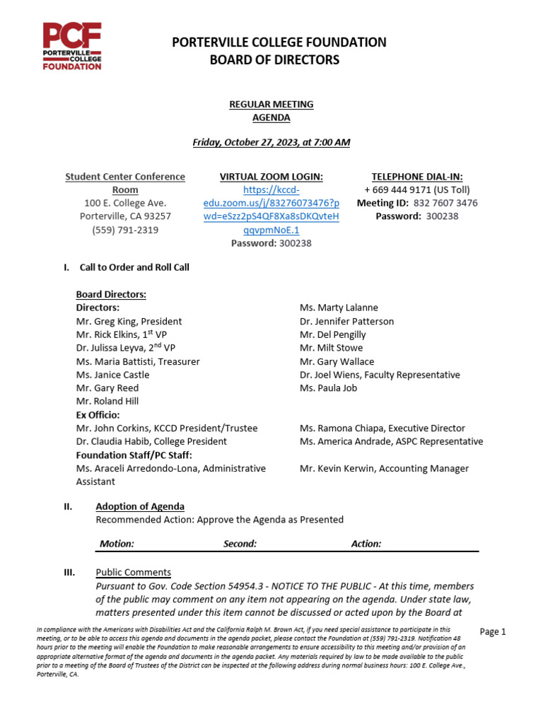 10.27.23 PCF Meeting Agenda | PDF