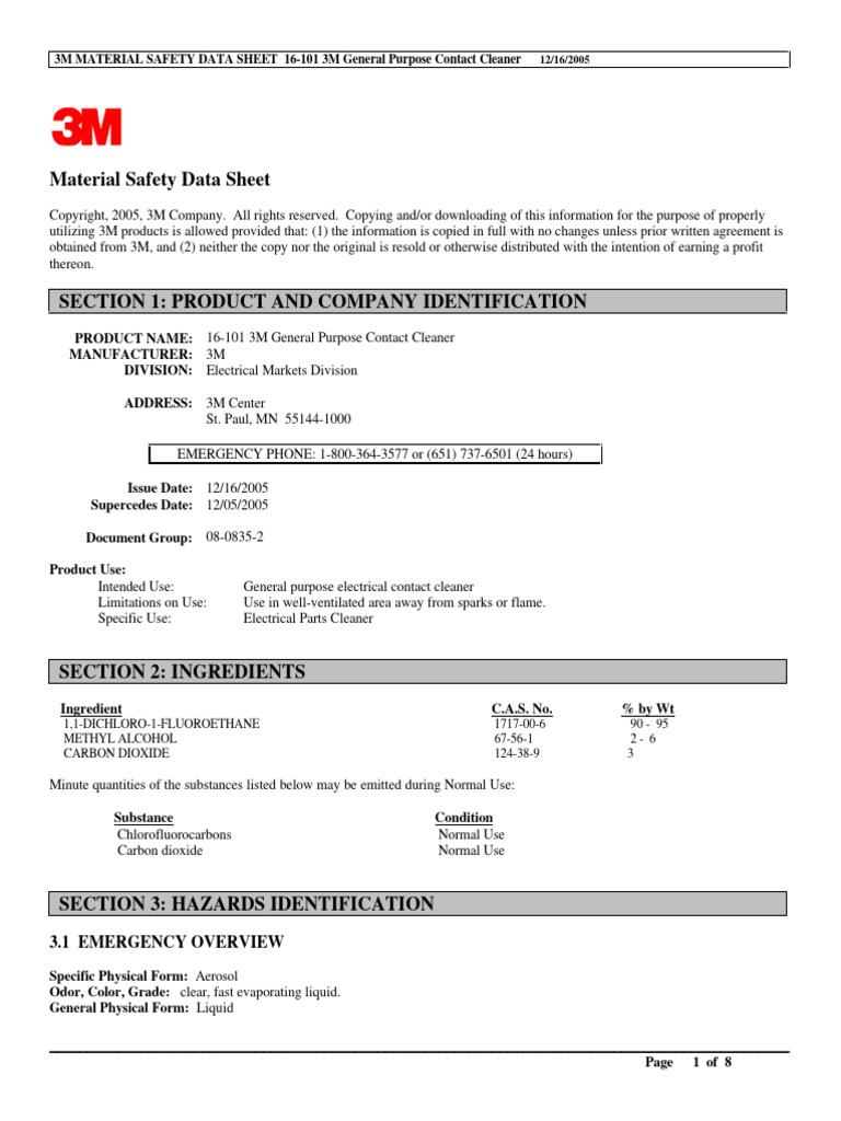 Msds - Limpia Contacto 3m 16-101 | PDF | Hazardous Waste | Personal ...