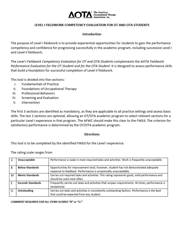 Level I Fieldwork Competency Evaluation For Ot and Ota Students | PDF ...