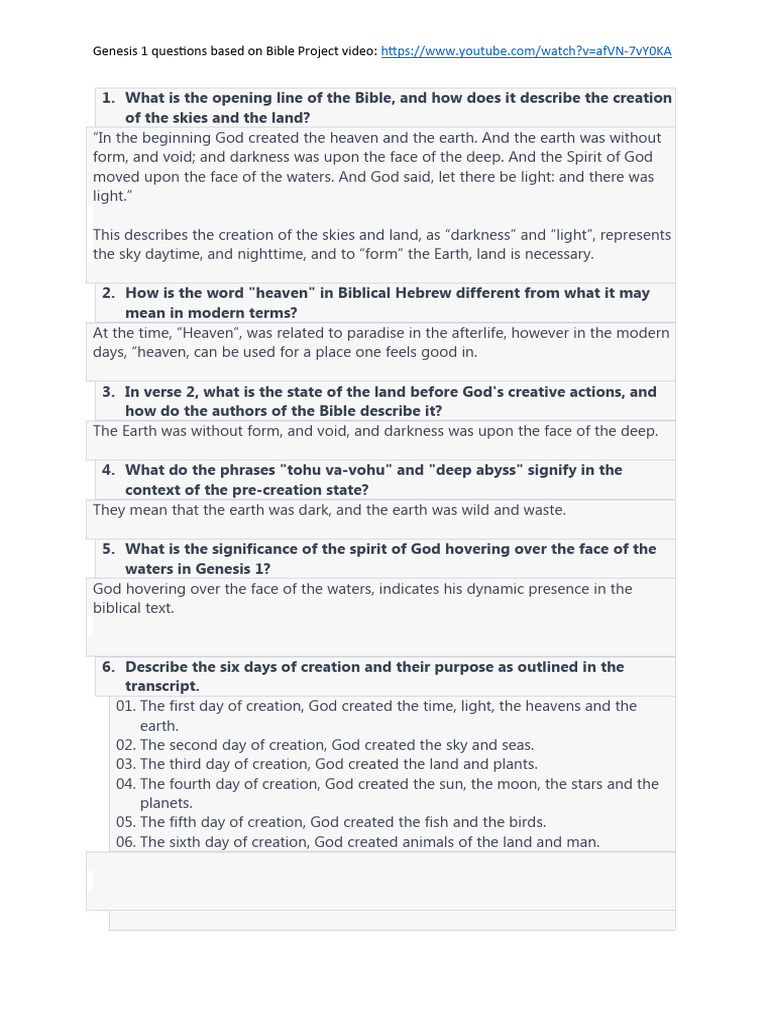 Genesis 1 Video and Questions | PDF | Genesis Creation Narrative | Heaven