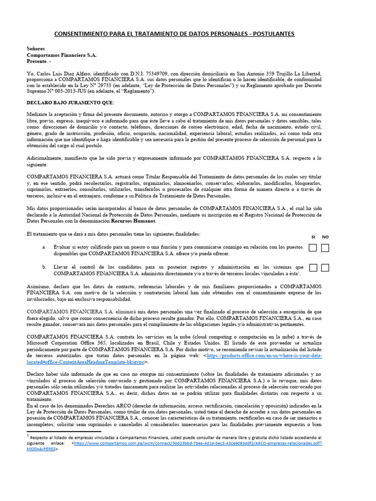 MP-GP-02 Anexo 2 Consentimiento para El Uso de Datos Postulante. | PDF | Computación en la nube