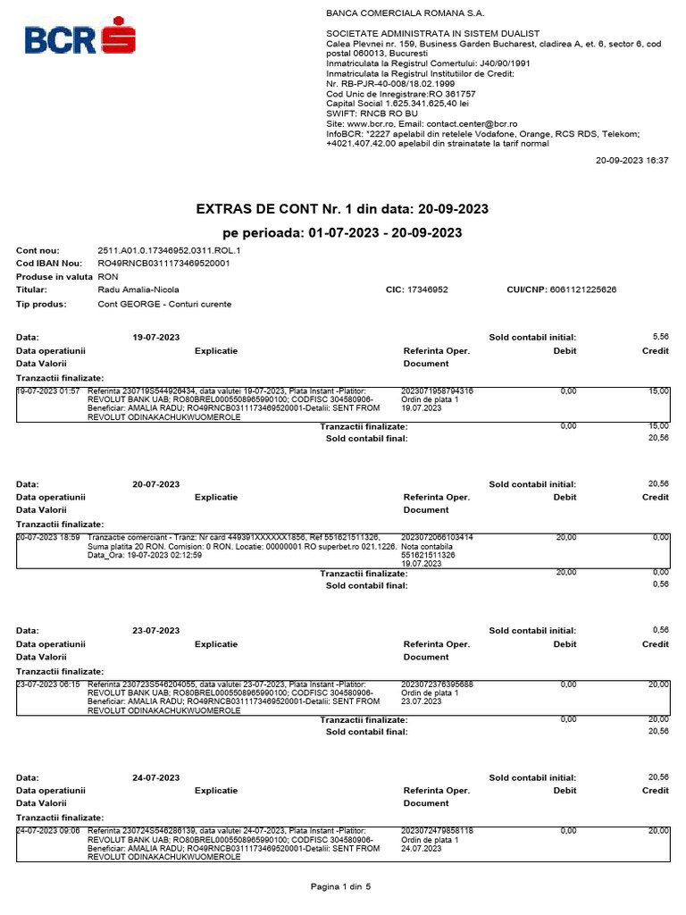 Pe Perioada: 01-07-2023 - 20-09-2023 EXTRAS DE CONT Nr. 1 Din Data: 20 ...