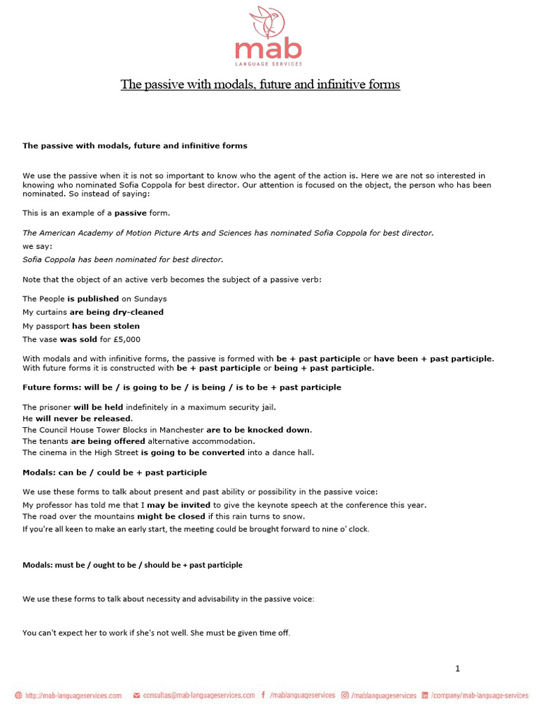 The Passive With Modals, Future and Infinitive Forms | PDF | Verb ...