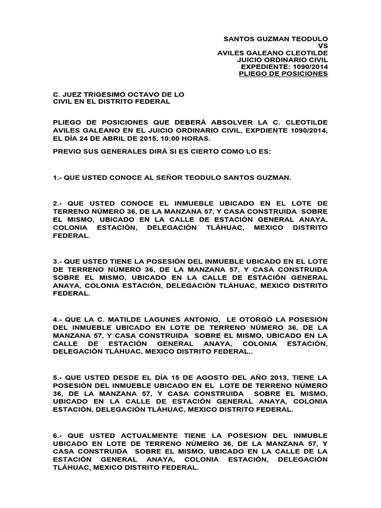 Pliego de Posiciones Sr. Teodulo | PDF