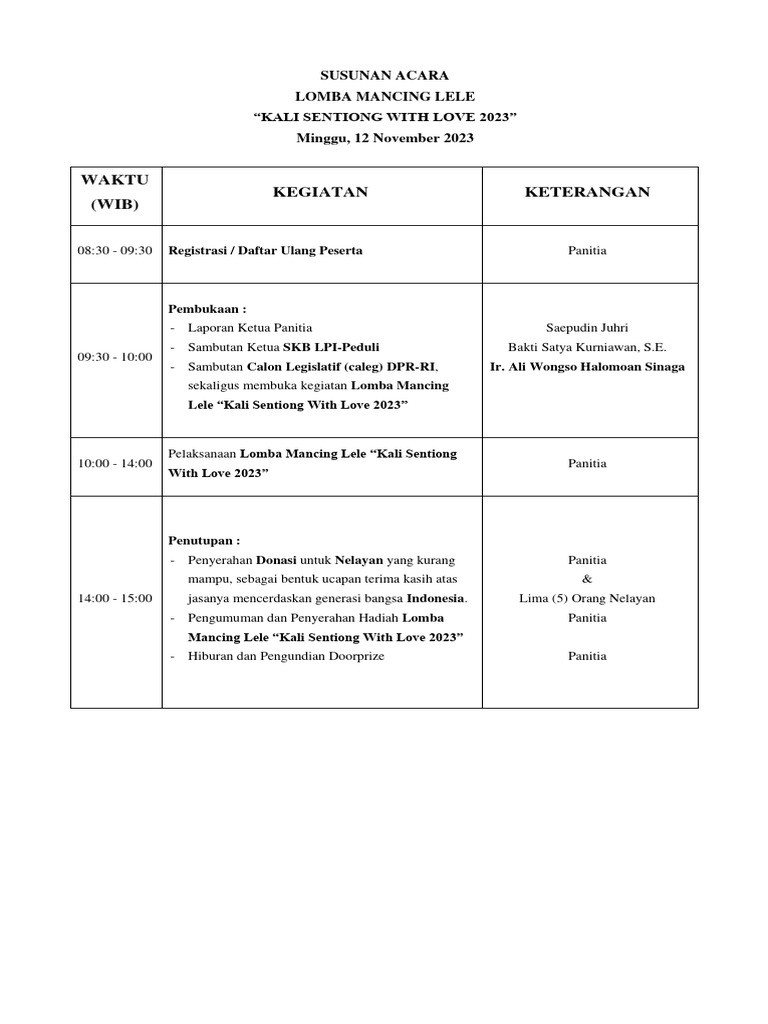 Susunan Acara Lomba Mancing Lele | PDF
